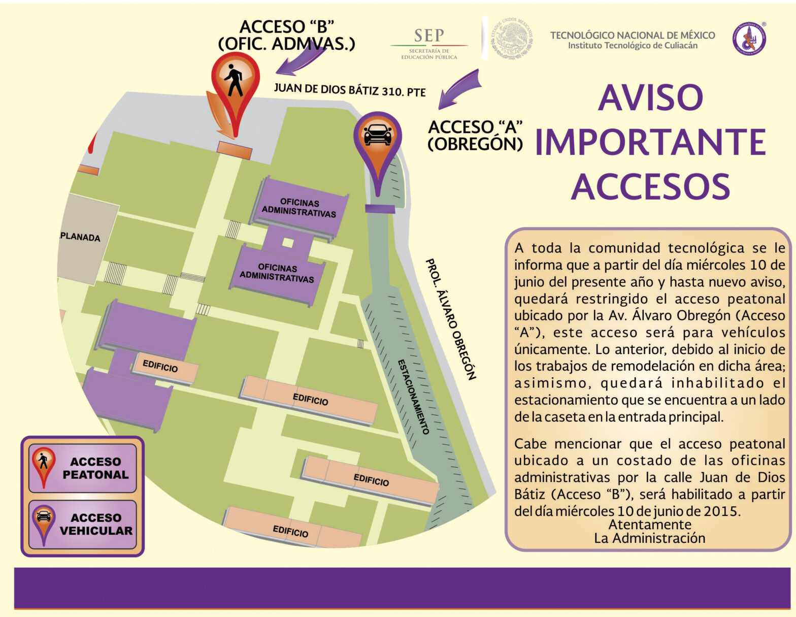 Se cambian accesos de entrada al Tec de Culiacán – TecNM-Culiacán